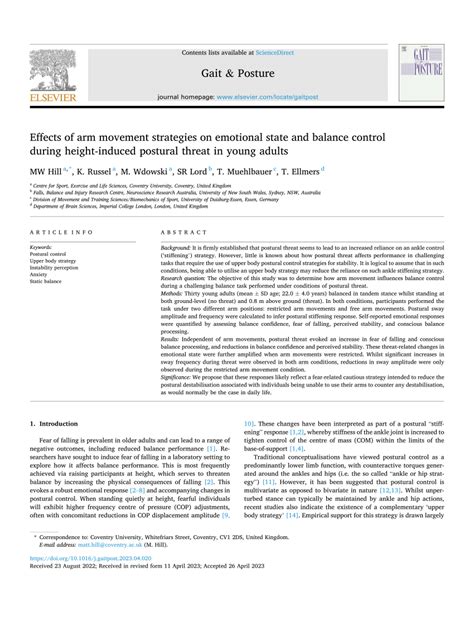 Pdf Effects Of Arm Movement Strategies On Emotional State And Balance Control During Height