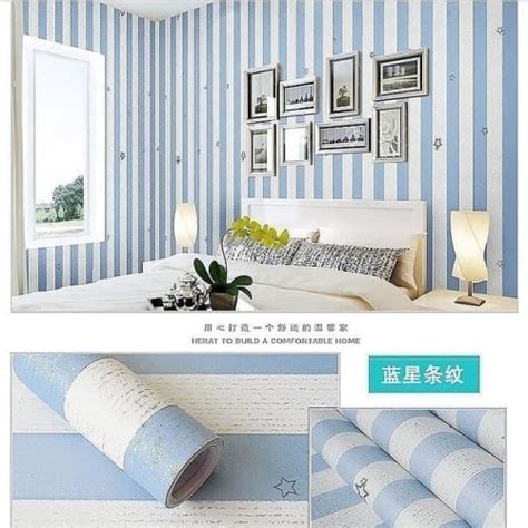 Jual Wallpaper Dinding Firoh Stiker Putih Salur Biru Ruang Tamu Luar