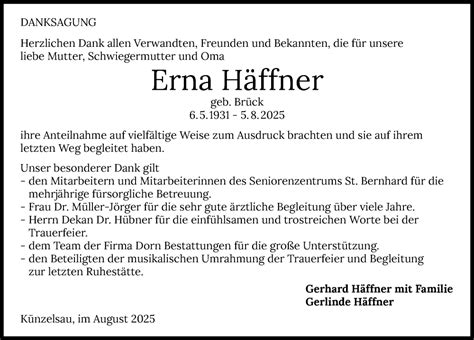 Traueranzeigen Von Erna Häffner Trauerundgedenkende