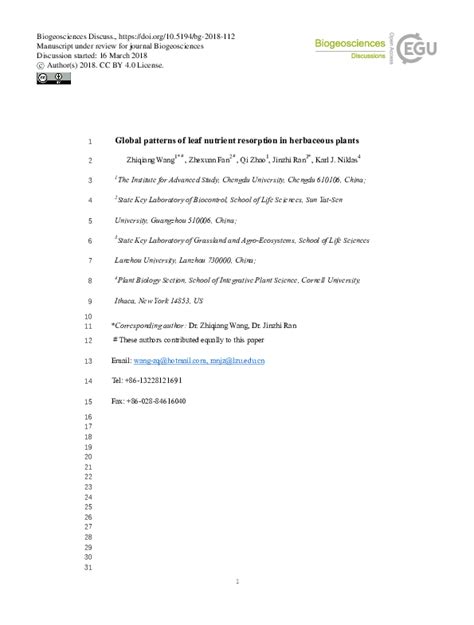 Pdf Global Patterns Of Leaf Nutrient Resorption In Herbaceous Plants