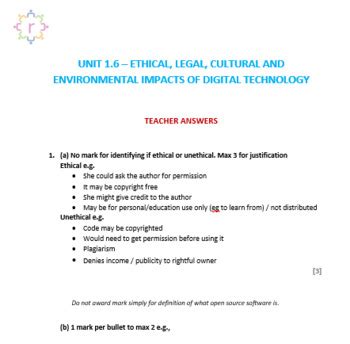 GCSE Computer Science OCR Class Test Unit 1 6 Ethical Legal And