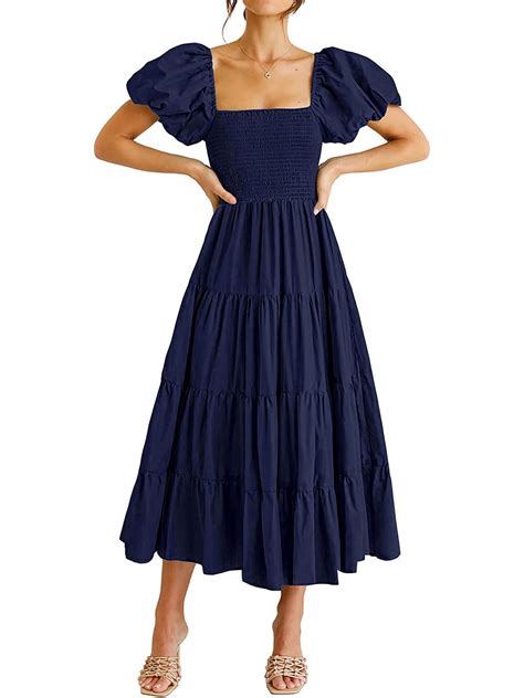 Anbech Womens Puff Short Sleeve Midi Dress 2024 Summer Square Neck