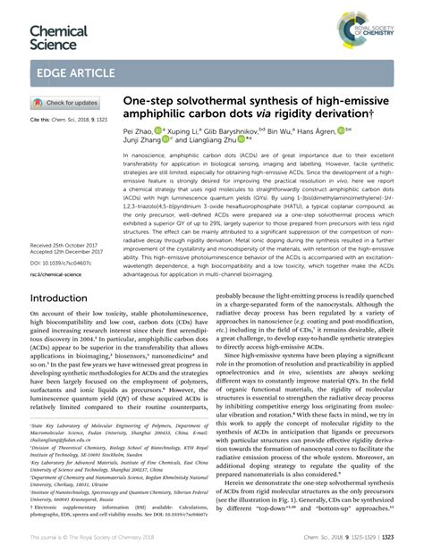 Pdf One Step Solvothermal Synthesis Of High Emissive Amphiphilic Carbon Dots Via Rigidity