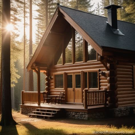 Sunlit Humble Log Home In Forest Stable Diffusion Online