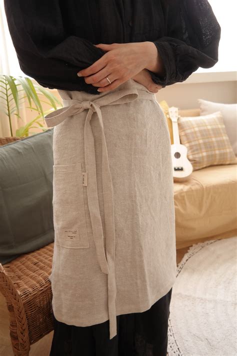 Linen Simple Half Apron With Blue Stripe And Natural Color The Linen Lab