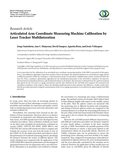 Pdf Articulated Arm Coordinate Measuring Machine Calibration By Laser Tracker Multilateration