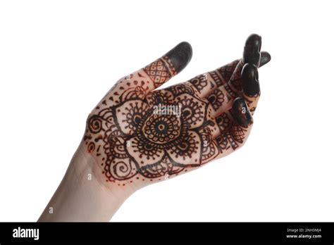 Woman With Henna Tattoo On Palm Against White Background Closeup
