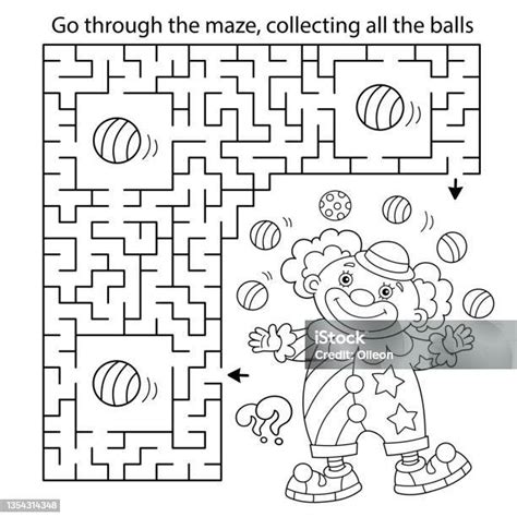 미로 또는 미로 게임 수수께끼 다채로운 공을 만화 서커스 광대의 색칠 페이지 개요 아이들을위한 색칠 공부책 서커스 오락 행사에 대한 스톡 벡터 아트 및 기타 이미지 Istock