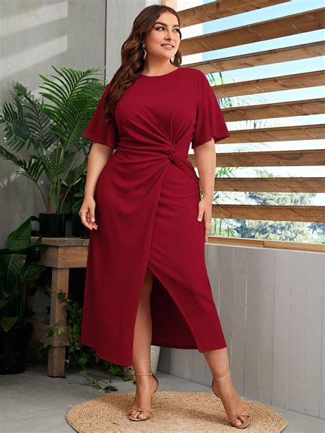 Plus Flutter Sleeve Twist Detail Wrap Hem Dress Long Maxi Dress Hem