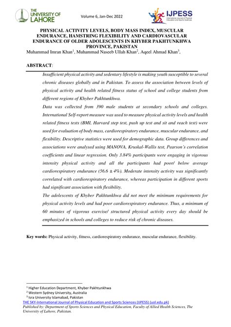Pdf Physical Activity Levels Body Mass Index Muscular Endurance
