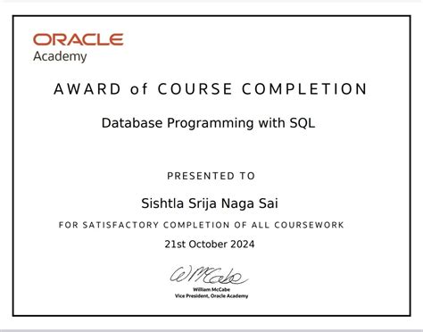 Oracleacademy Sql Databasemanagement Learning Datascience Ai Sishtla Srija Naga Sai