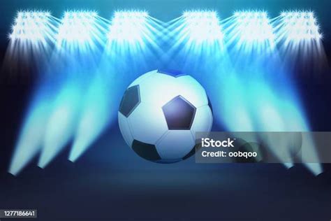 밝은 조명이있는 축구 경기장 밝은 투광 조명과 섬광이있는 경기장에서 공이 움직이는 녹색 축구장 3d 일러스트레이션 0명에 대한 스톡 사진 및 기타 이미지 Istock