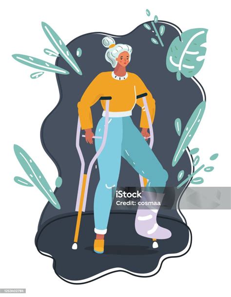 석고에 다리를 가진 아시아 부상 여성 목발을 사용하여 부러진 여자 병원 복도에서 다리가 골절된 여성 벡터 플랫 디자인 일러스트레이션 수직 레이아웃 개념에 대한 스톡 벡터