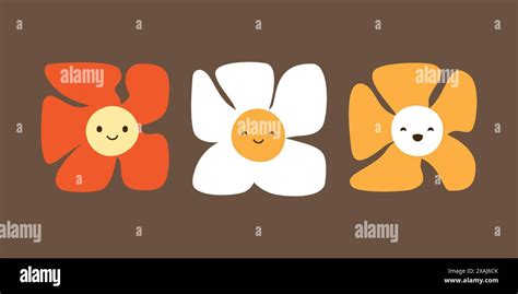 Set Of Colorful Smiling Daisy Flowers On Brown Background Cute