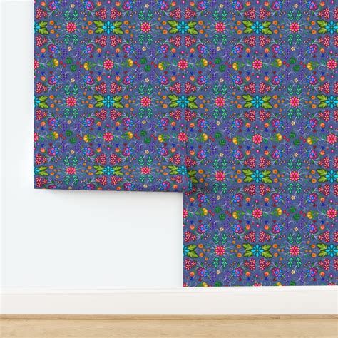Muted Blue Background Florals Wallpaper Spoonflower