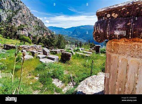 ancient greek column at the delphi archaeological site delphi was