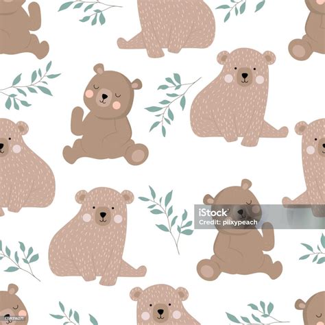 잎이 있는 귀여운 곰 배경 벽지 Frabic에 대한 원활한 벡터 일러스트레이션 0명에 대한 스톡 벡터 아트 및 기타 이미지