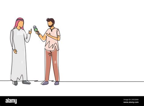 Single Continuous Line Drawing Arab Man Journalist With Microphone Making Interview With