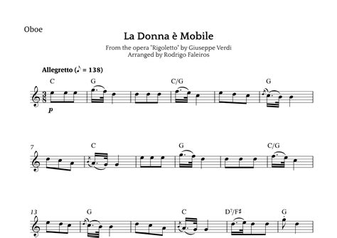 La Donna è Mobile Arr Rodrigo Faleiros Sheet Music Verdi Oboe Solo