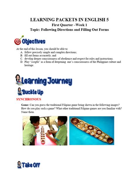 Learning Packet 1 In English Following Directions Pdf