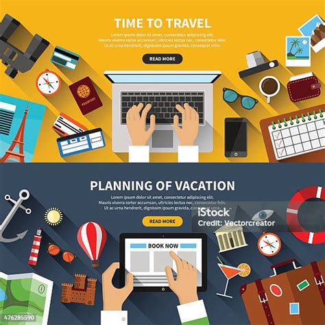 Set Spanduk Konsep Perjalanan Vektor Desain Datar Ilustrasi Stok