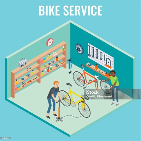 3 차원 Isometric 자전거 서비스 개념 그림을 벡터 두발자전거에 대한 스톡 벡터 아트 및 기타 이미지 두발자전거 자전거 타기 워크숍 Istock