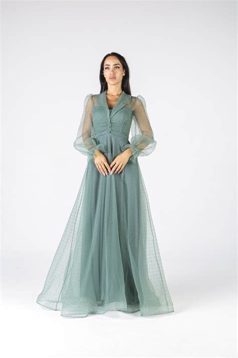 Limon Küfü Uzun Kollu Yakalı Simli Abiye Elbise ALİS DRESS ElbiseBul