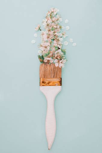 봄 꽃 개념입니다 파란색 파스텔 배경에 살구 벚꽃 꽃 페인트 브러시 개념에 대한 스톡 사진 및 기타 이미지 개념 계절