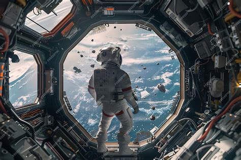 Astronaut Looking Out of Space Station Window at Earth | Premium AI-generated image