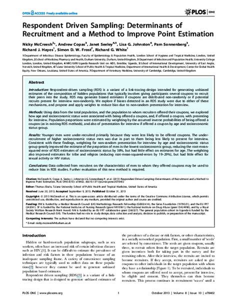 Pdf Respondent Driven Sampling Determinants Of Recruitment And A Method To Improve Point