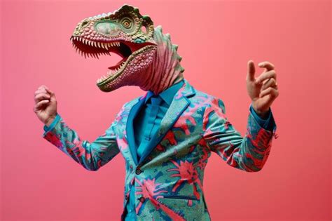 Freak In Dinosaur Mask Dancing Masquerade Absurd Carnival Having Fun In
