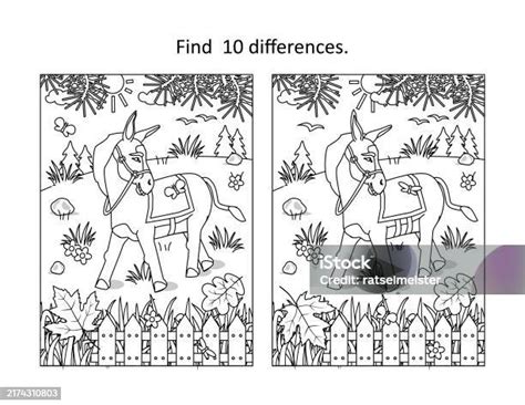 당나귀 또는 부로와의 차이점 게임 발견 10 차이점 그림 퍼즐과 색칠 공부 페이지 활동 검색에 대한 스톡 벡터 아트 및 기타 이미지 Istock