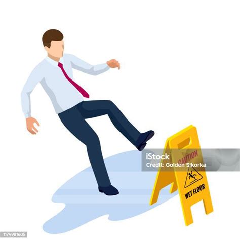 등각 투영주의 흰색 배경에 격리 젖은 바닥 기호 남자는 젖은 바닥에 미끄러졌다 떨어짐에 대한 스톡 벡터 아트 및 기타 이미지 떨어짐 등측투영법 부상 Istock