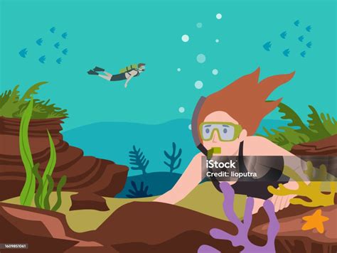젊은 여성 스쿠버 다이버는 해초와 산호로 해저를 탐험합니다 가면과 의상을 입은 소녀는 수중 열대 암초 바다 세계 여성 캐릭터 스노클링을 탐험합니다 깊은에 대한 스톡 벡터