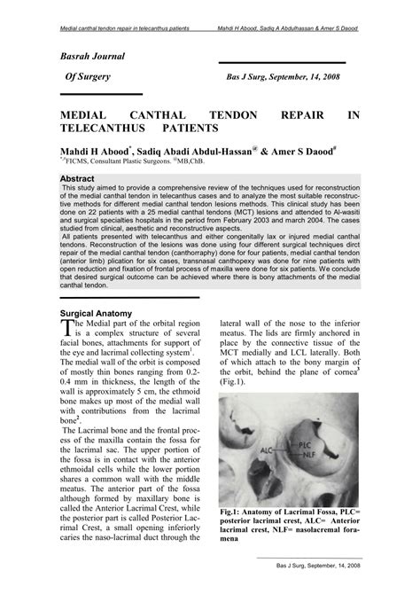 Pdf 7 Medial Canthal Tendon Repair In Telecanthus Patients