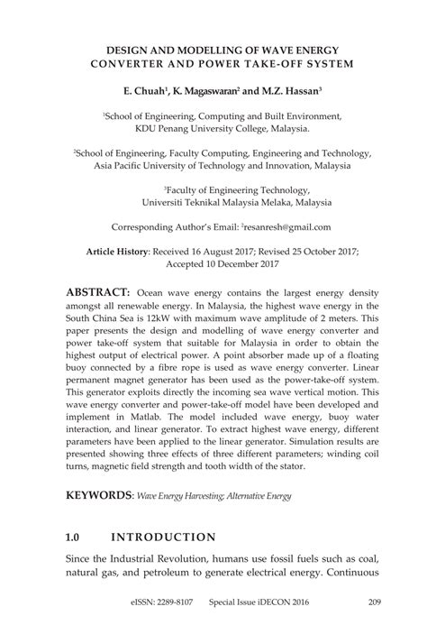 Pdf Design And Modelling Of Wave Energy Converter And Power Take Off System
