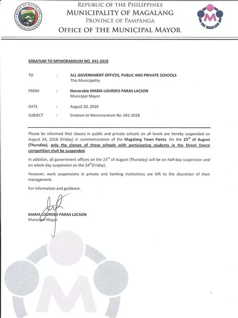 Erratum To Memorandum No Magalang Elementary School