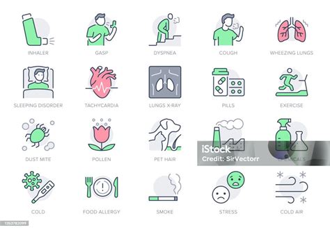 천식 선 아이콘 벡터 일러스트는 아이콘을 포함 흡입기 기침 꽃가루 먼지 폐 독감 엑스레이 빈맥 알레르겐에 대한 호흡 윤곽 그림