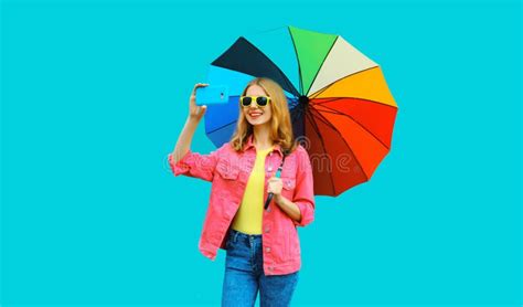 Portrait Of Stylish Happy Smiling Young Woman Taking Selfie With Mobile