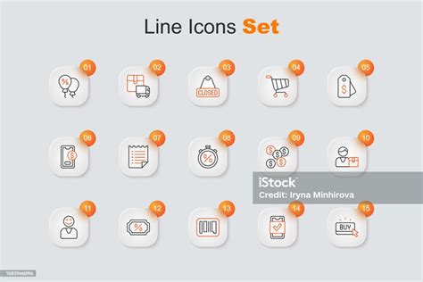 라인 구매 버튼 모바일 쇼핑 바코드 할인 퍼센트 태그 행복한 고객 구매자 달러 기호 및 스톱워치 할인 아이콘을 설정합니다 벡터 Brand Name Smart Phone에