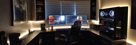 Futuristic Home Office Setup Boasts Dual Widescreen Monitors Led Ambient Lighting And