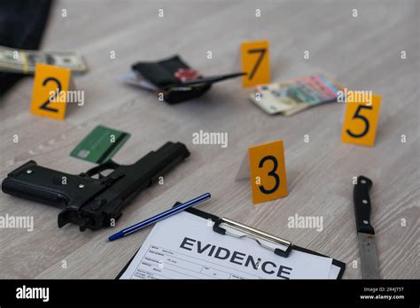 Crime Scene Investigation Numbering Of Evidences After The Murdering In Apartment Brass