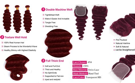 Amazon 10A Burgundy Loose Deep Human Hair Bundles With Closure