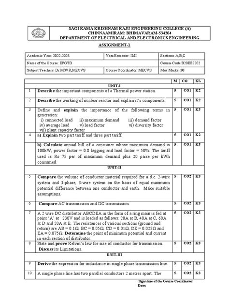 Analysis Of An Electrical Engineering Course Assignment On Power Generation Transmission And