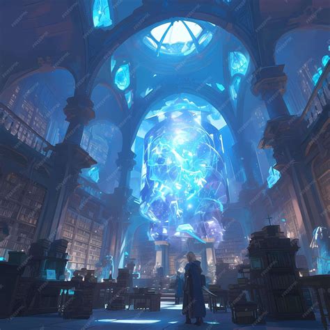 Enigmatic Mage Contemplating A Magical Orb Inside Ancient Library