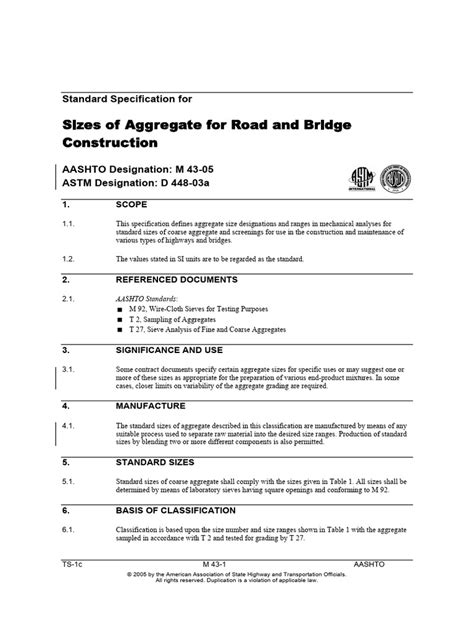 Aashto Designation M 43 05 Sizes Of Aggregate For Road And Bridges Pdf