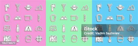 세트 라인 바람 장미 관광 텐트 칼 캠핑 모자 산 카라비너 나무 도끼와 금속 머그잔 아이콘 벡터 검은색에 대한 스톡 벡터 아트