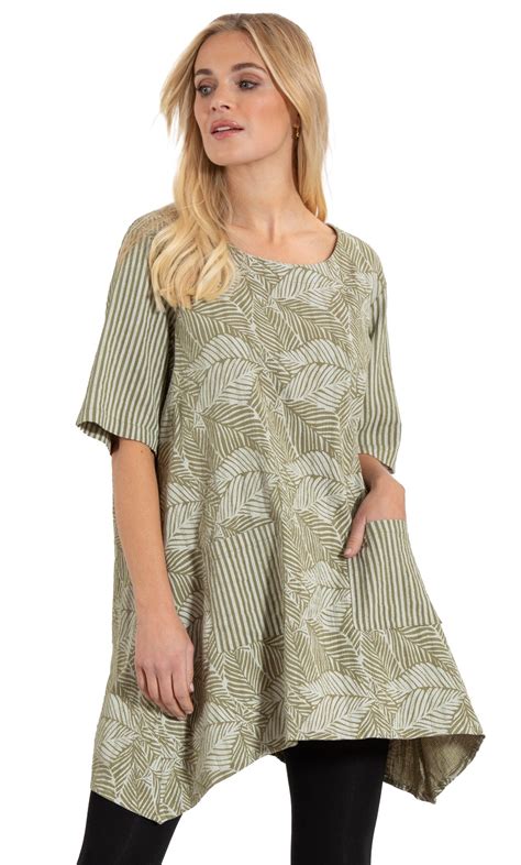Leaf And Stripe Print Textured Tunic Top In Green Klass