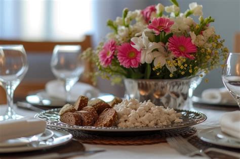 Premium Photo A Passover Table Setting With A Floral Centrepiece