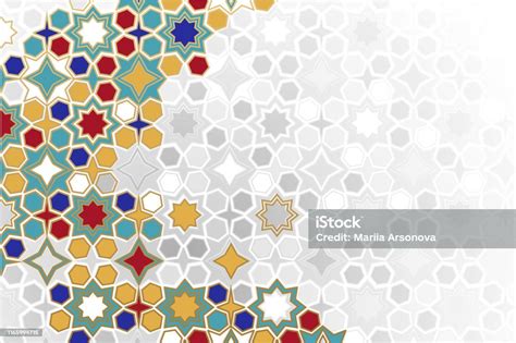 색상의 아랍어 장식 배경입니다 모자이크의 이슬람 장식 다채로운 세부 사항입니다 아랍어 동쪽 인도 장식 페르시아 어 모티프 3d 간단한 기하학적 라마단 카림 골드 인사말 카드